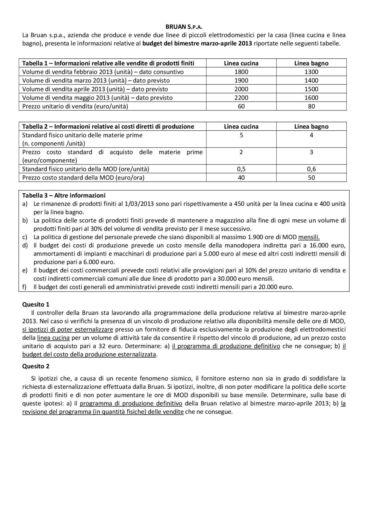 Esercizio Programmazione E Controllo Docsity