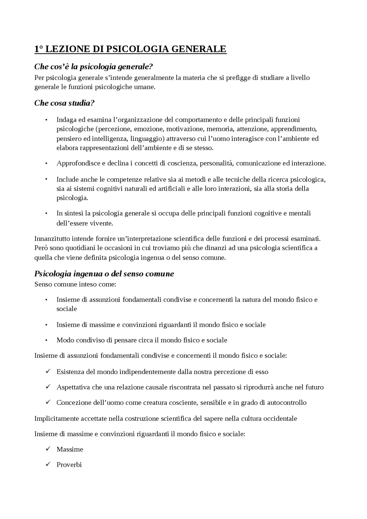 Concetti Chiave Della Prima Lezione Di Psicologia Generale Docsity