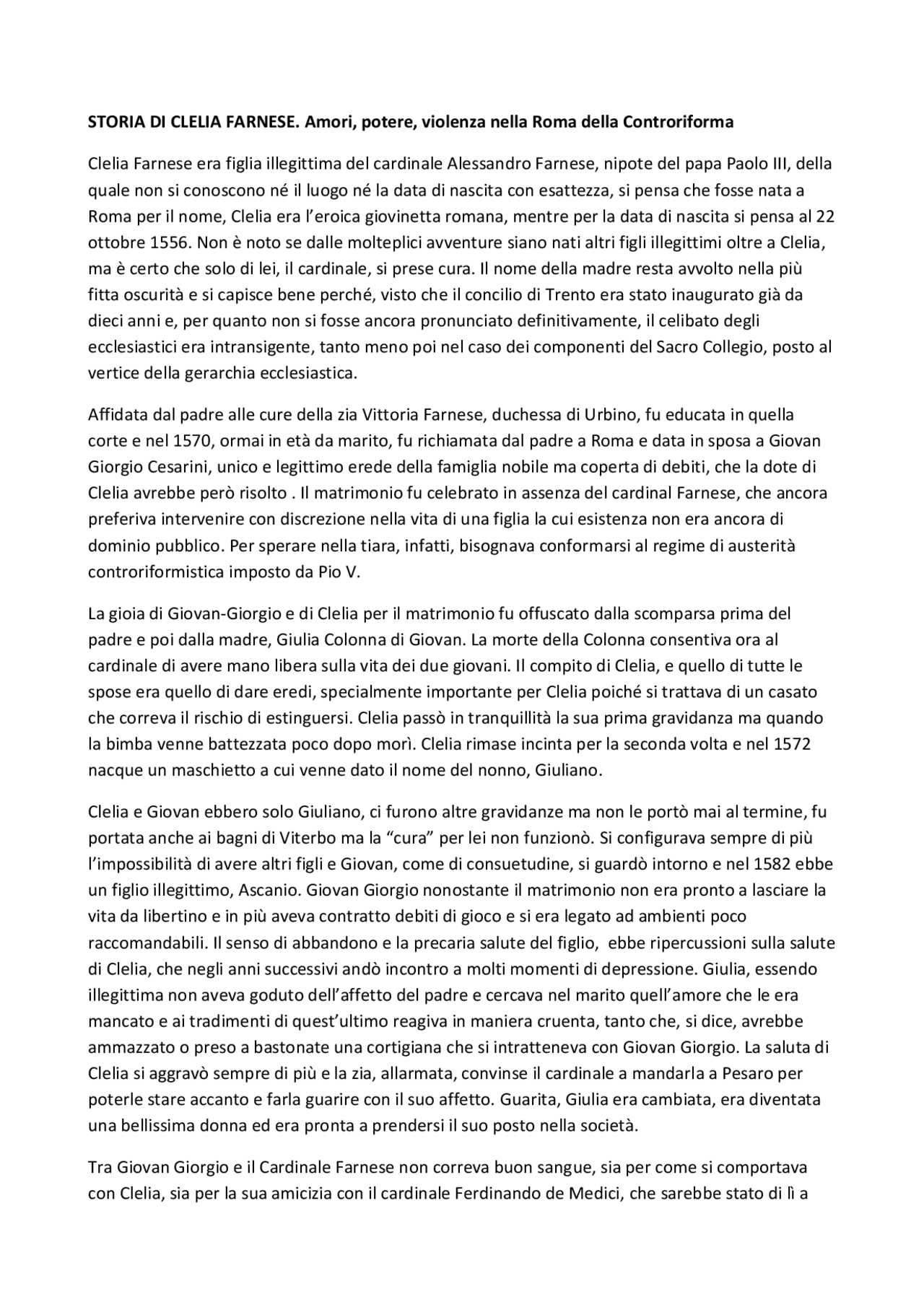 STORIA DI CLELIA FARNESE. Amori, potere, violenza nella Roma della ...