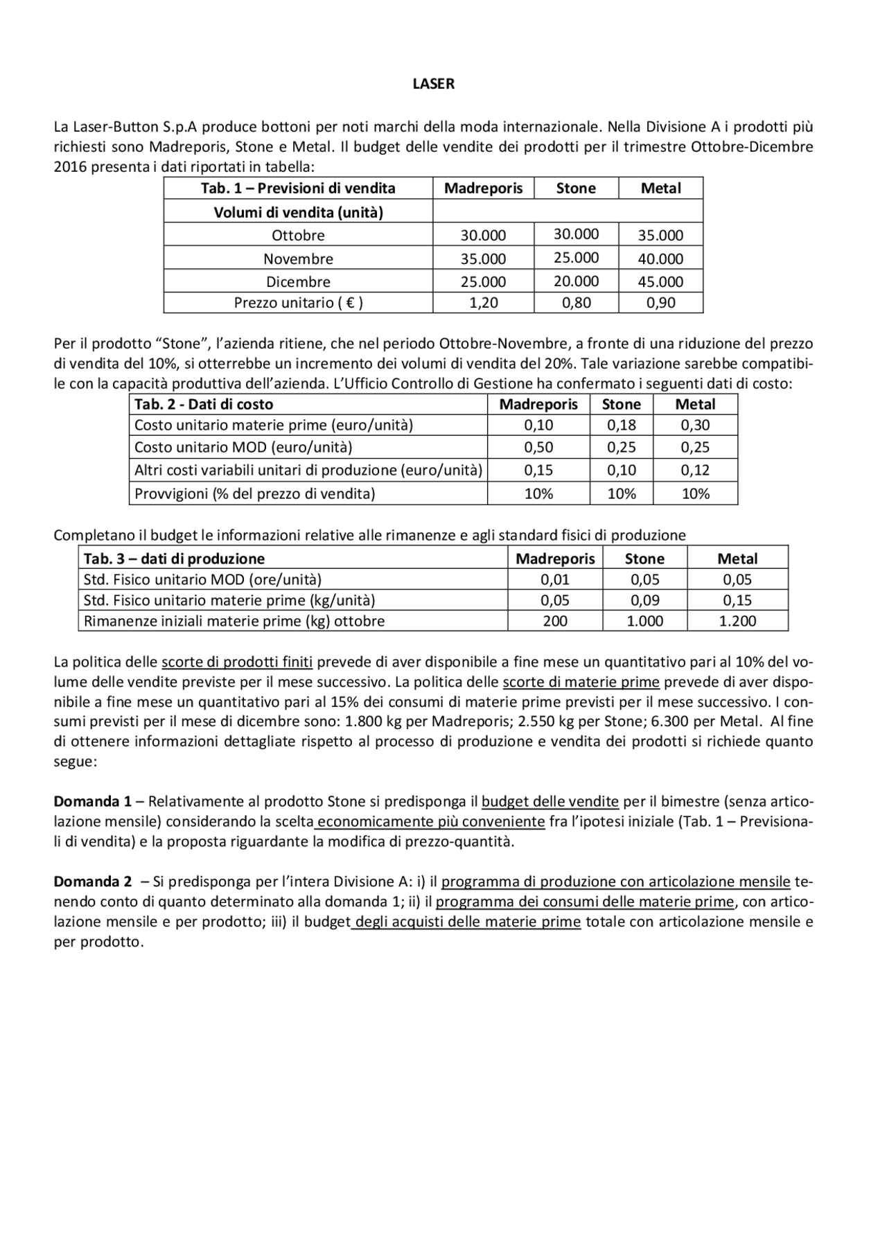 Esercizi Programmazione E Controllo Docsity