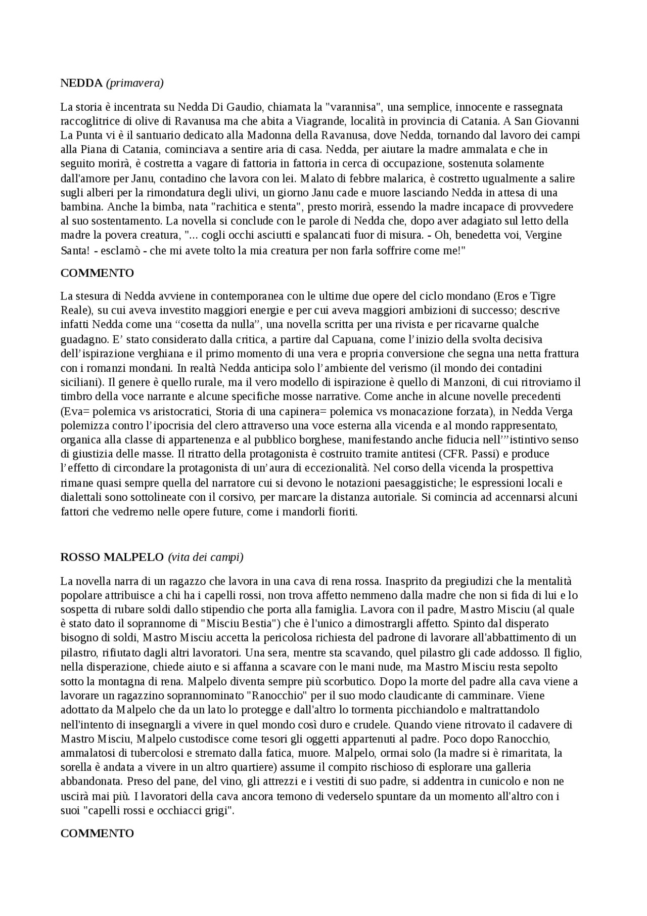 Riassunto Novelle Di Verga E Commento Docsity