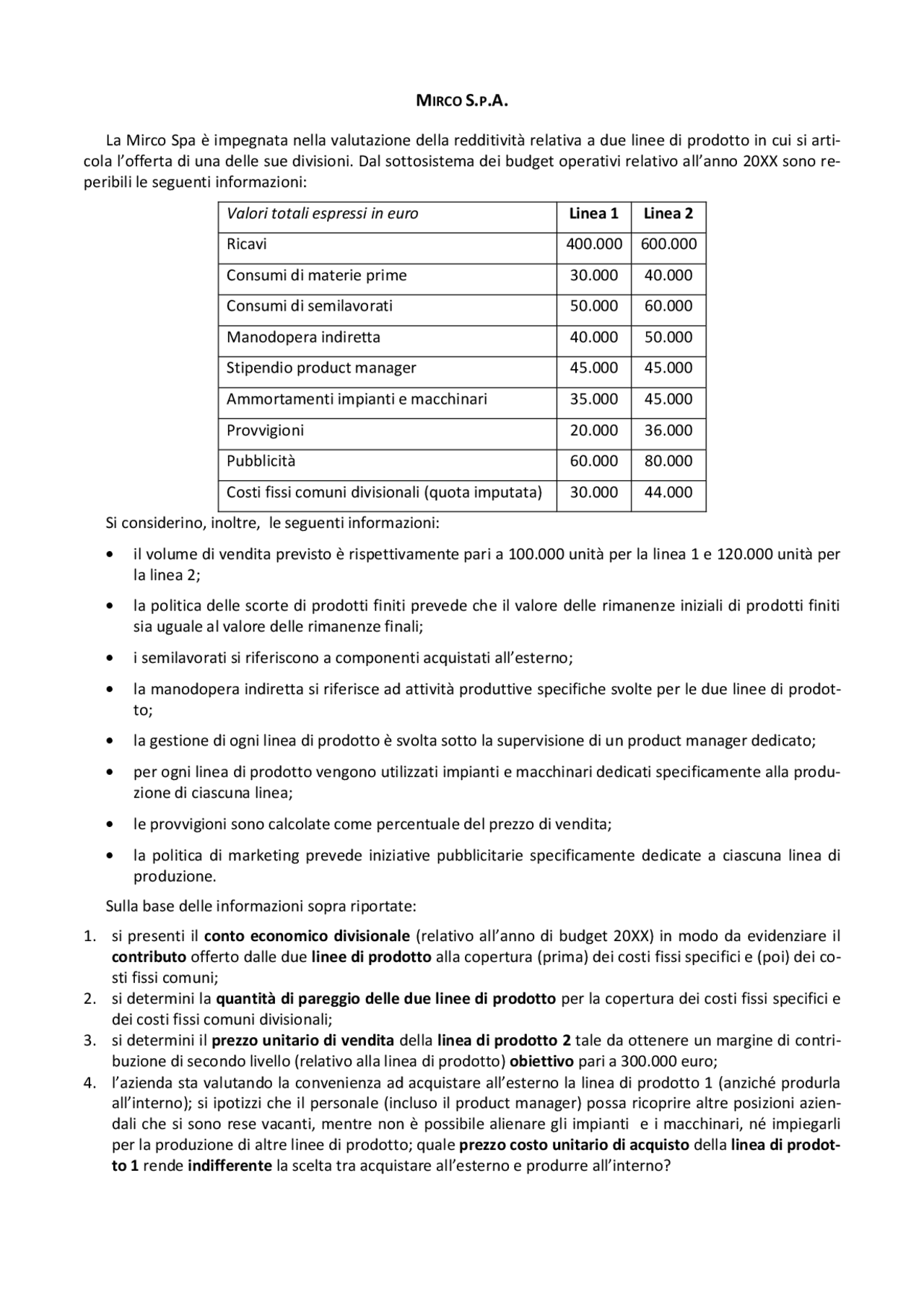 Esercizi Programmazione e Controllo - Docsity