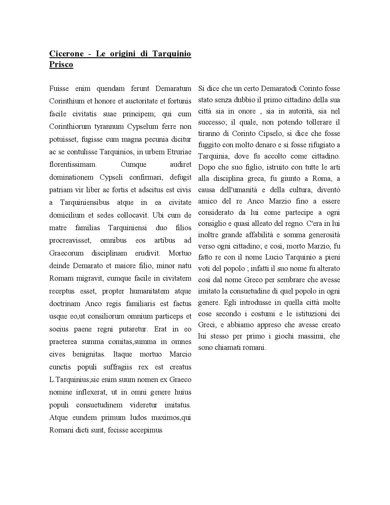 Le origini di Tarquinio Prisco - Cicerone - Docsity