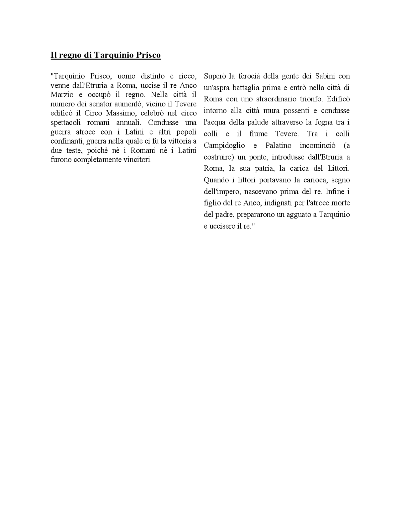 Il regno di Tarquinio Prisco - Docsity