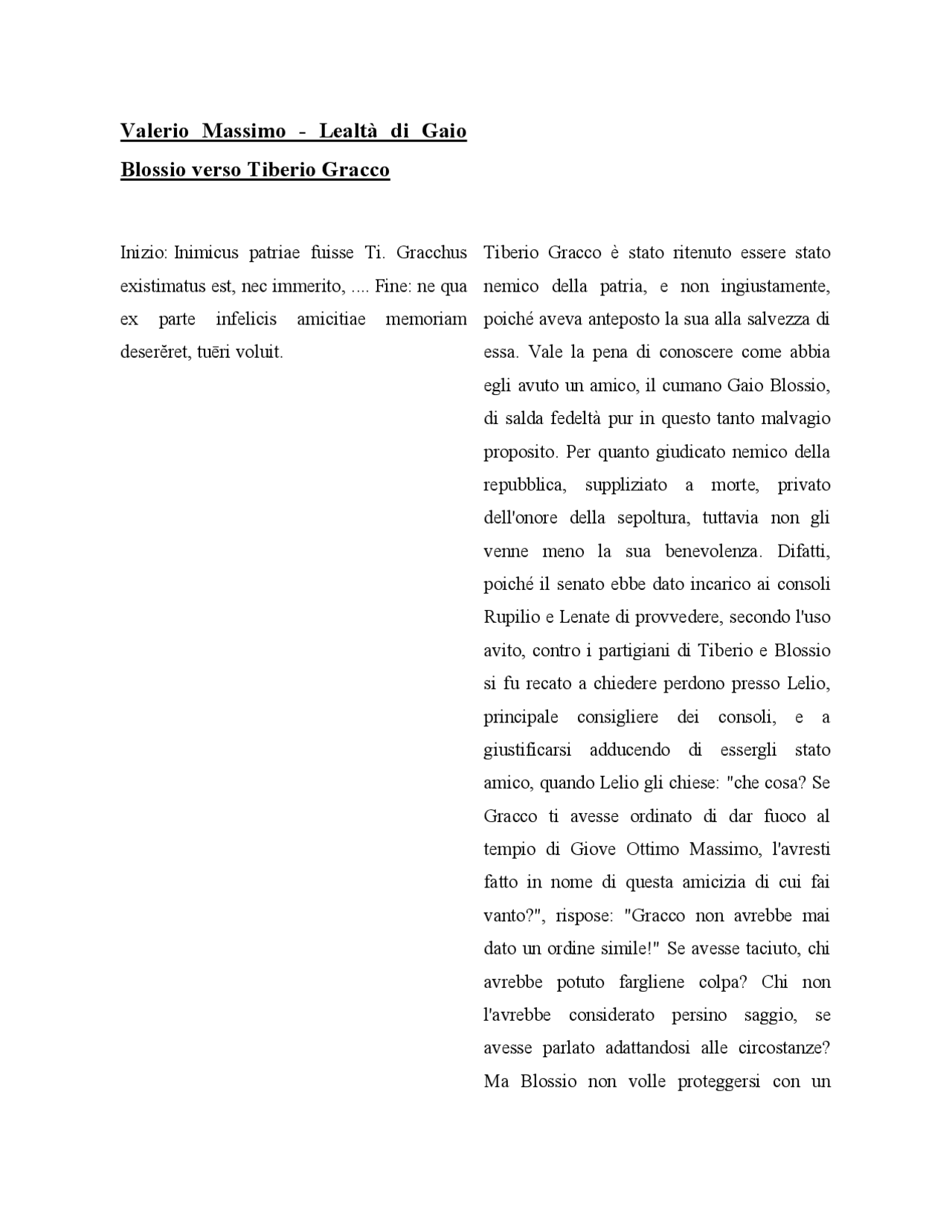 Lealtà Di Gaio Blossio Verso Tiberio Gracco Valerio Massimo Docsity
