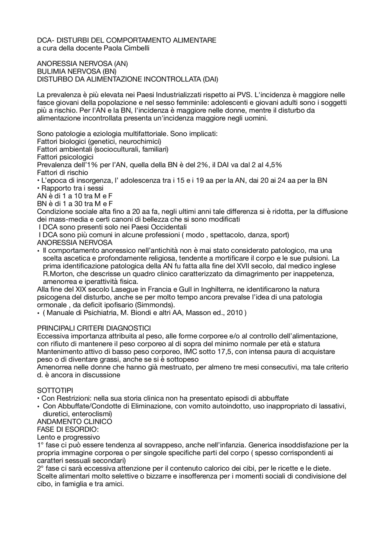 DCA. Disturbo del comportamento alimentare - Docsity