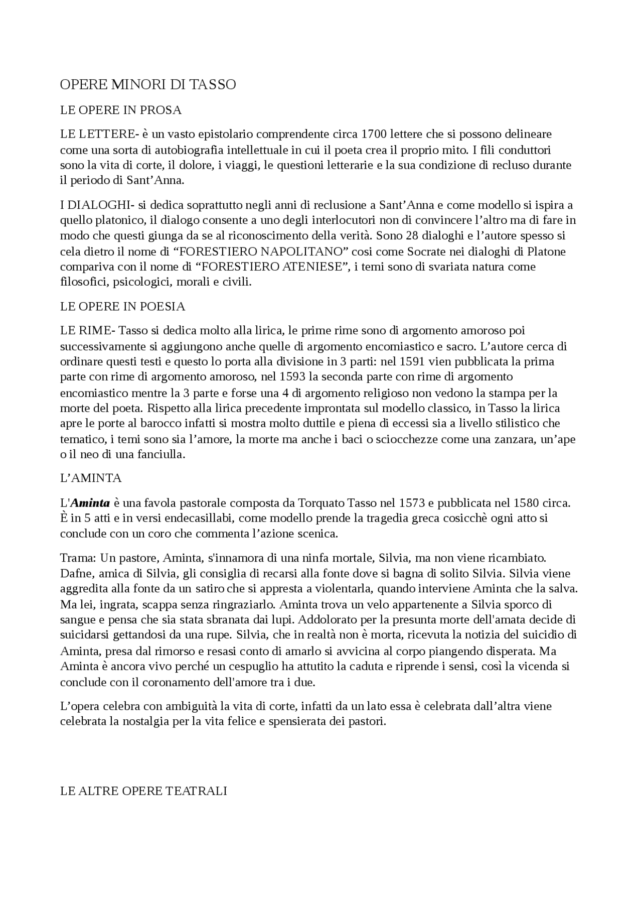Opere Minori Di Tasso Docsity