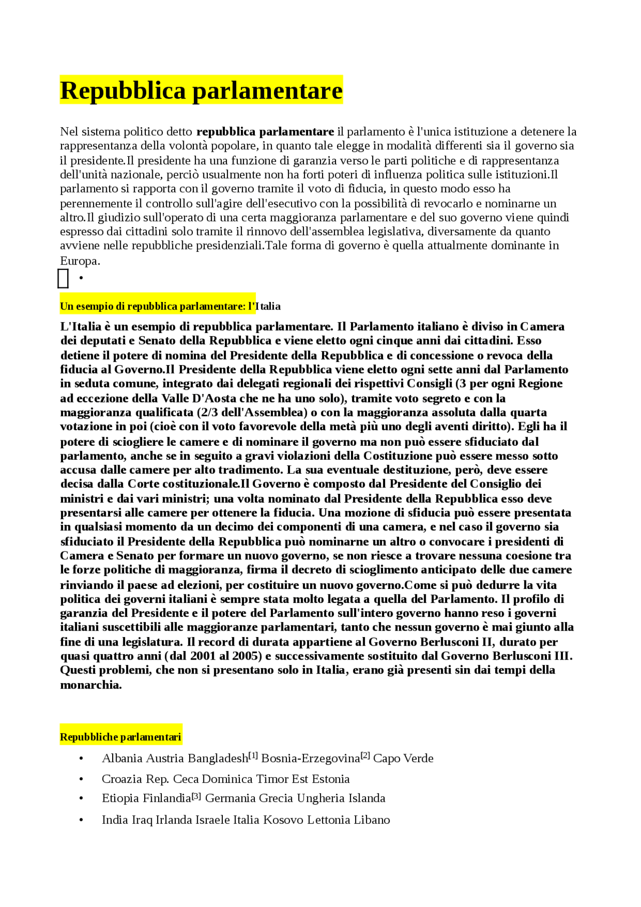 La repubblica parlamentare - Docsity