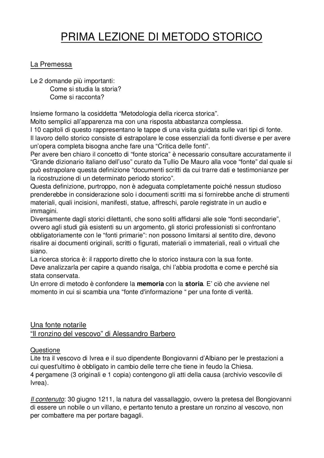 Prima Lezione Di Metodo Storico Docsity