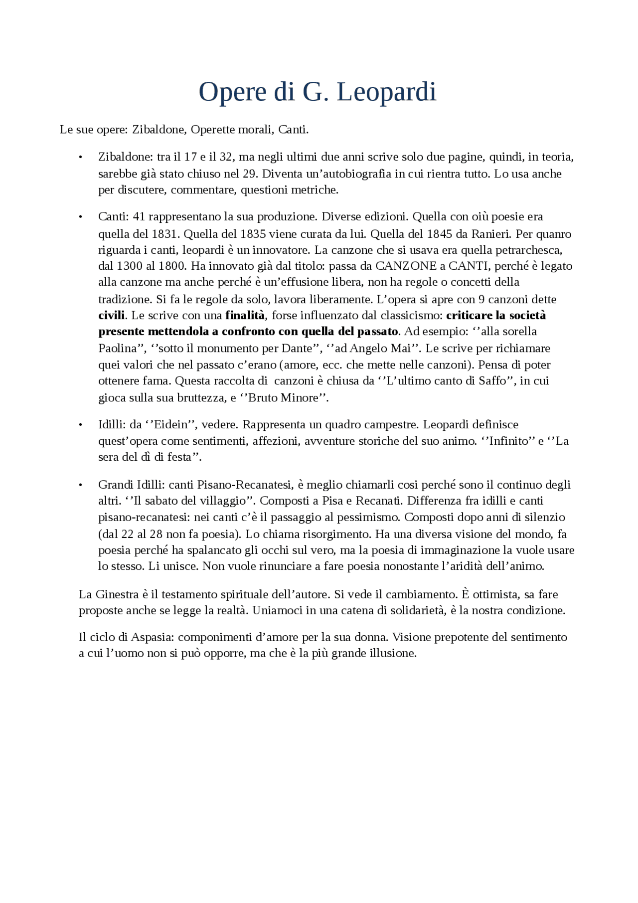 I Canti Zibaldone Idilli Grandi Idilli Docsity