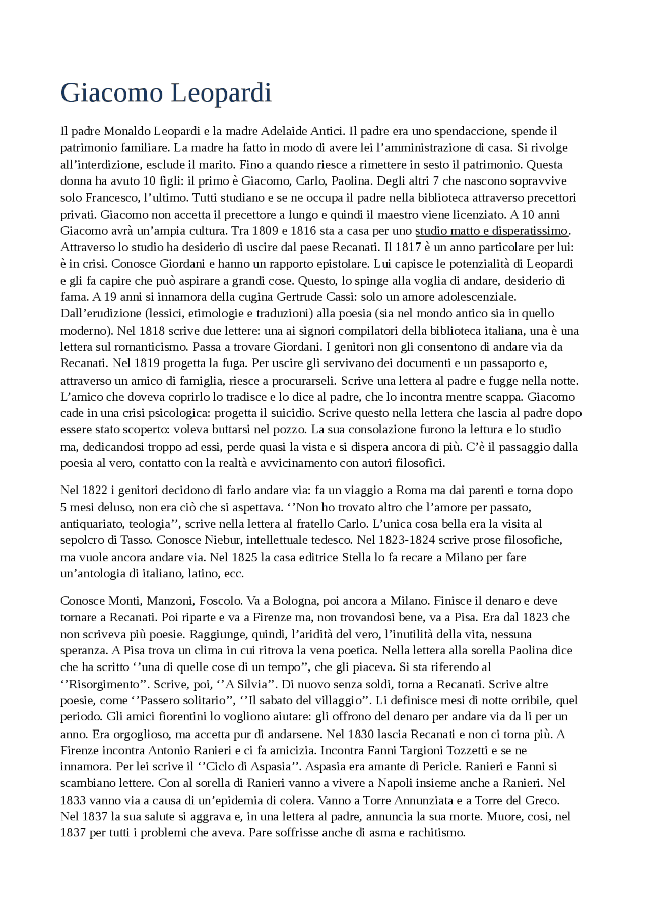 Biografia giacomo leopardi e formazione appunti - Docsity