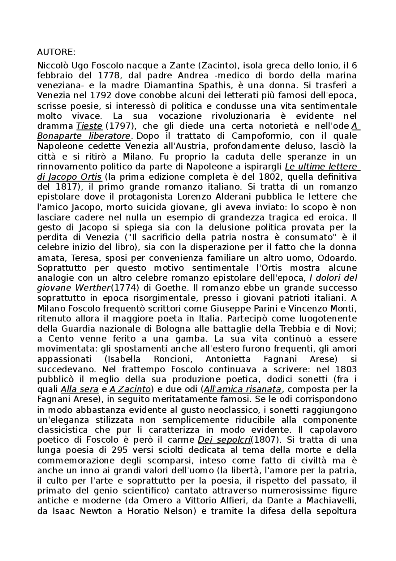 Ugo Foscolo Riassunto Autore Docsity