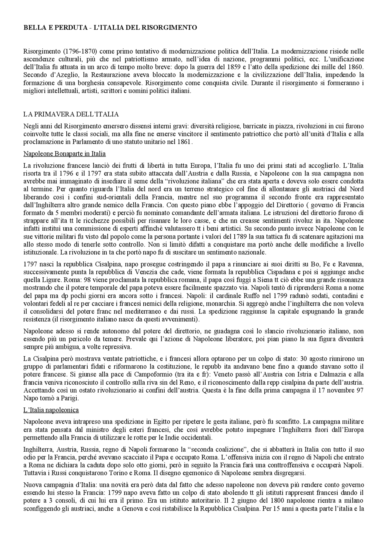 Bella e perduta. L'Italia del Risorgimento - Docsity