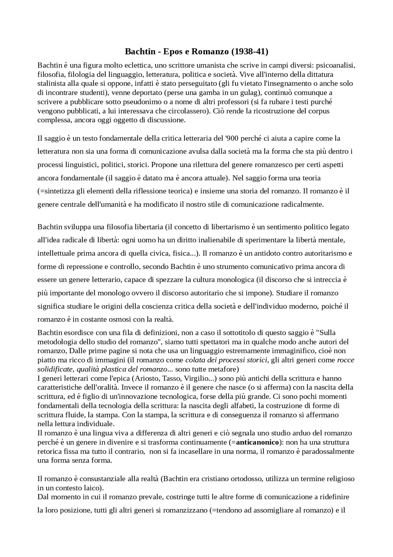 Bachtin E Il Romanzo Docsity