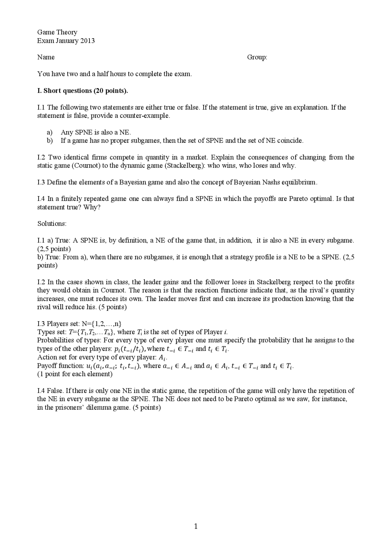Game Theory 2013 January Exam Docsity