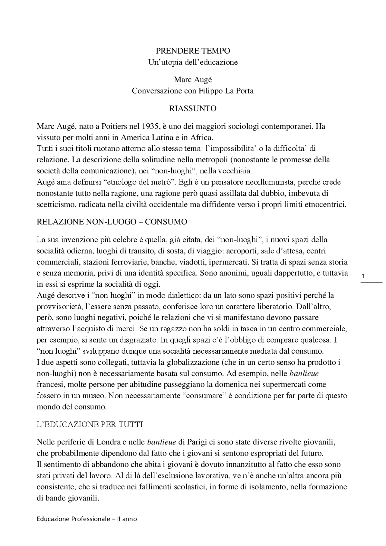 Prendere Tempo Unutopia Delleducazione Di Marc Augé Docsity