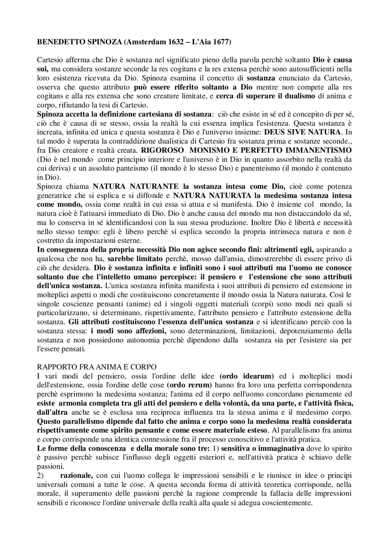 Benedetto Spinoza Storia Docsity