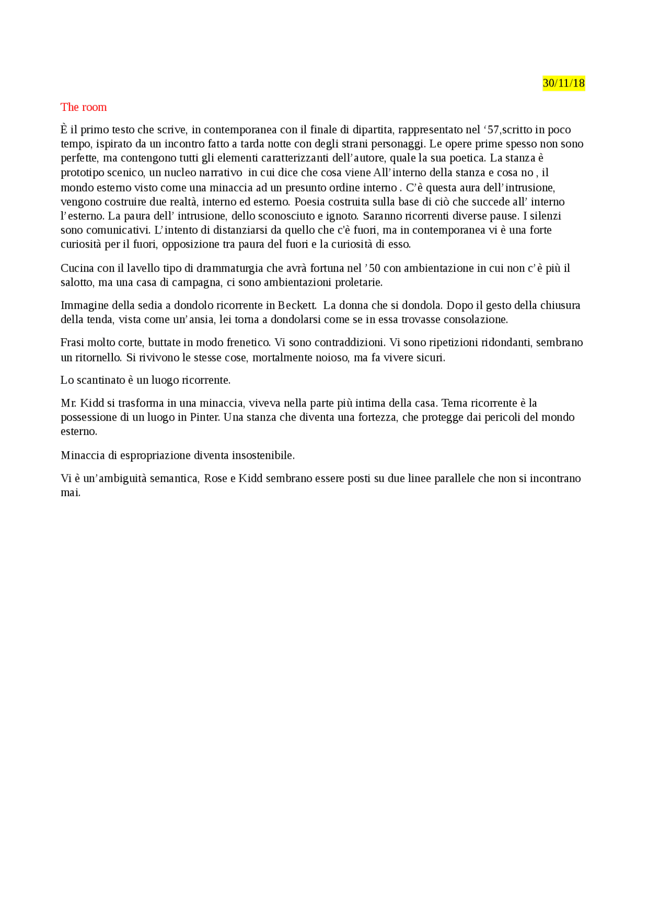 Inglese in the room pinter - Docsity