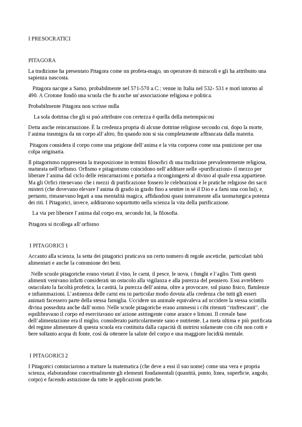 I Presocratici I Pitagorici Docsity
