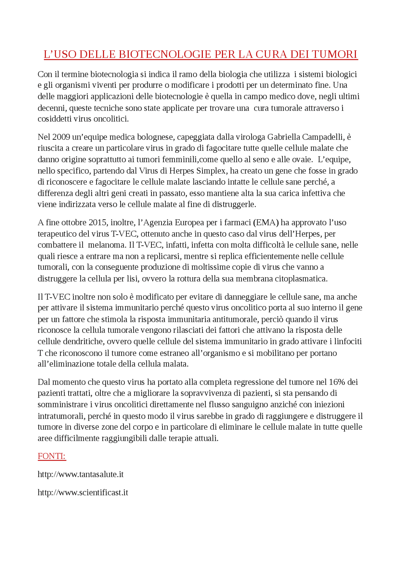 Ricerca Sulle Biotecnologie La Cura Dei Tumori Docsity