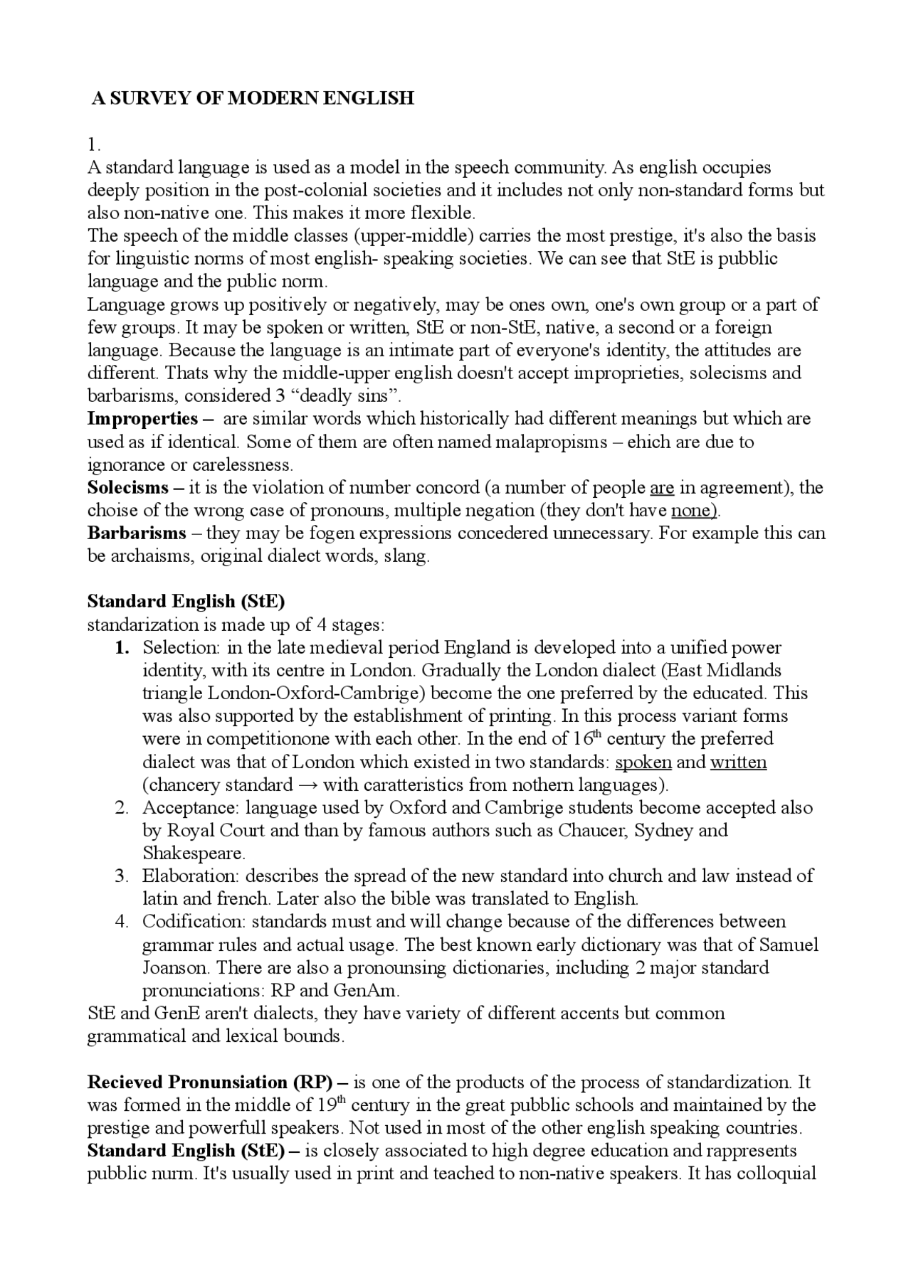 Survey Of Modern English Riassunto Docsity