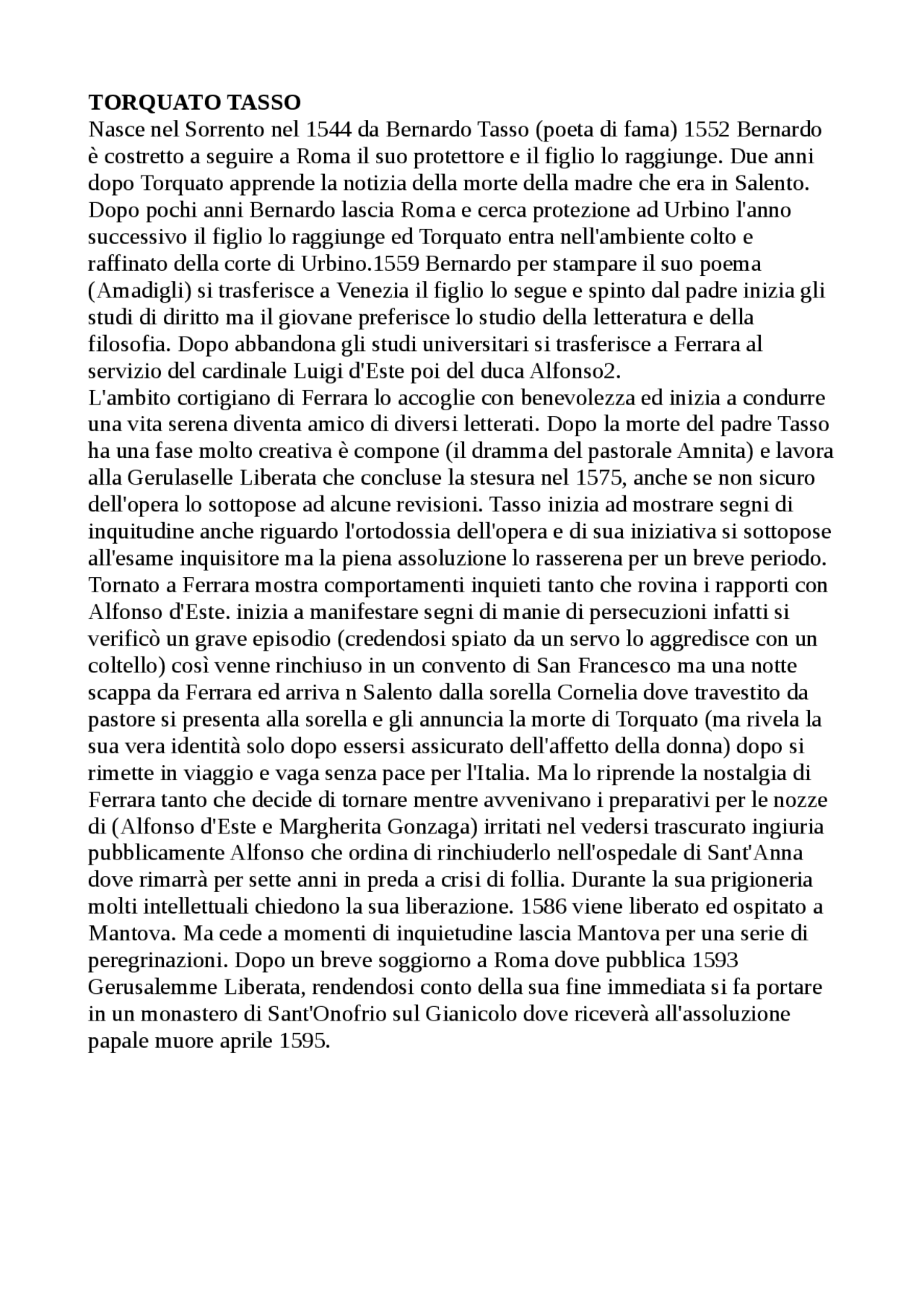 Torquato Tasso Vita Ed Opere Docsity