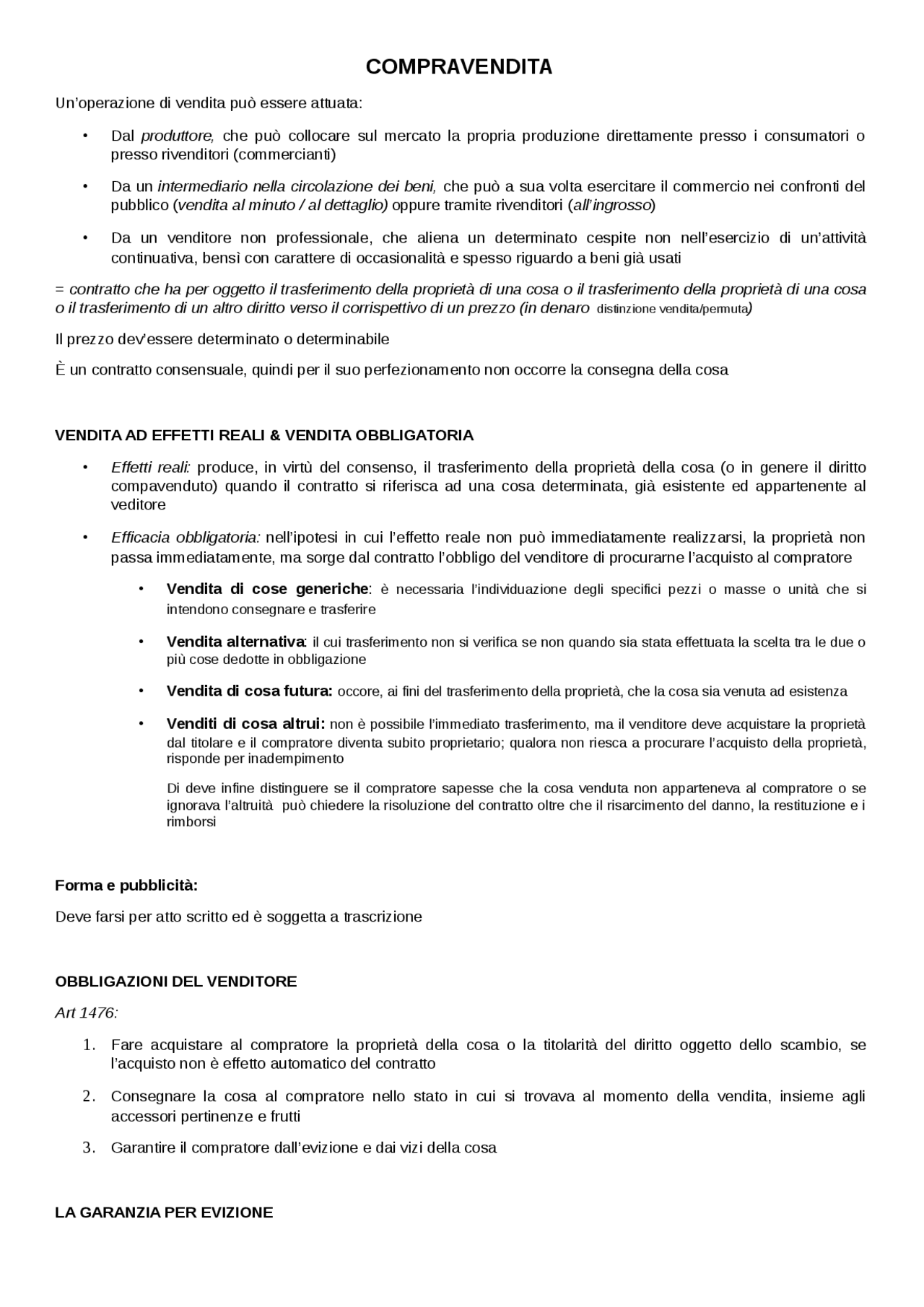Compravendita Riassunto Docsity