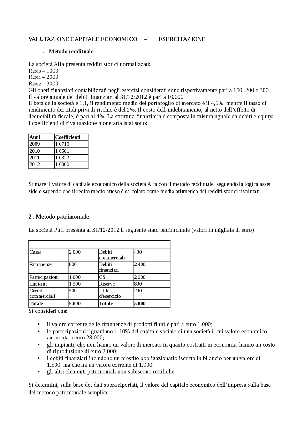 Esercitazione capitale economico - Docsity