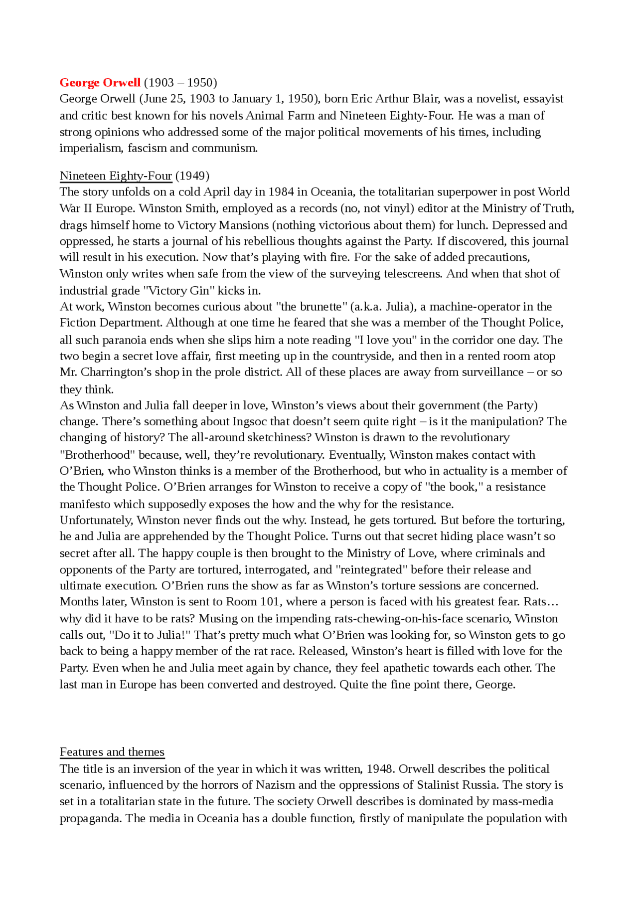 George Orwell and Nineteen Eighty-Four - Docsity