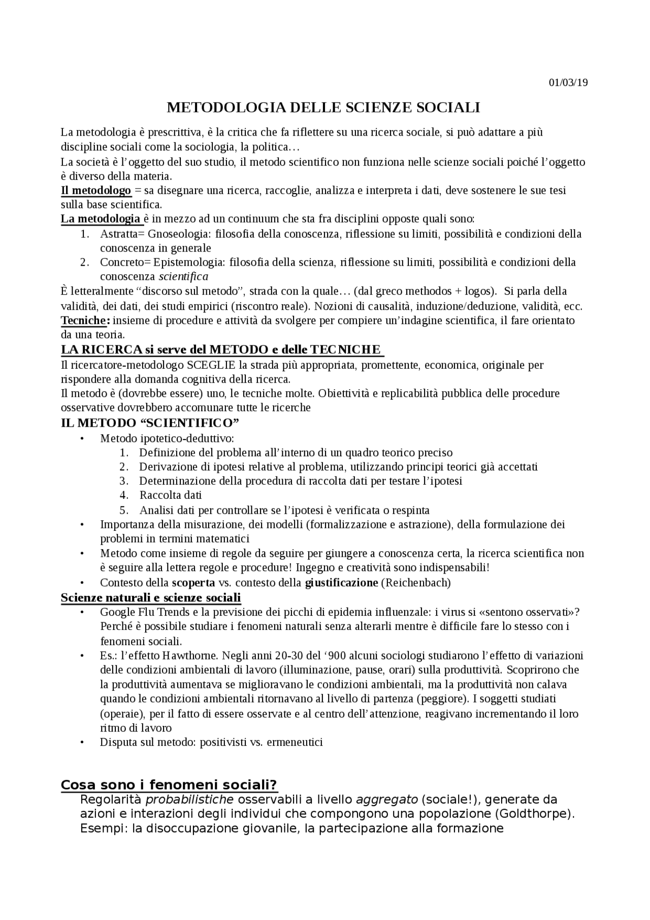 Metodologia Delle Scienze Sociali Docsity
