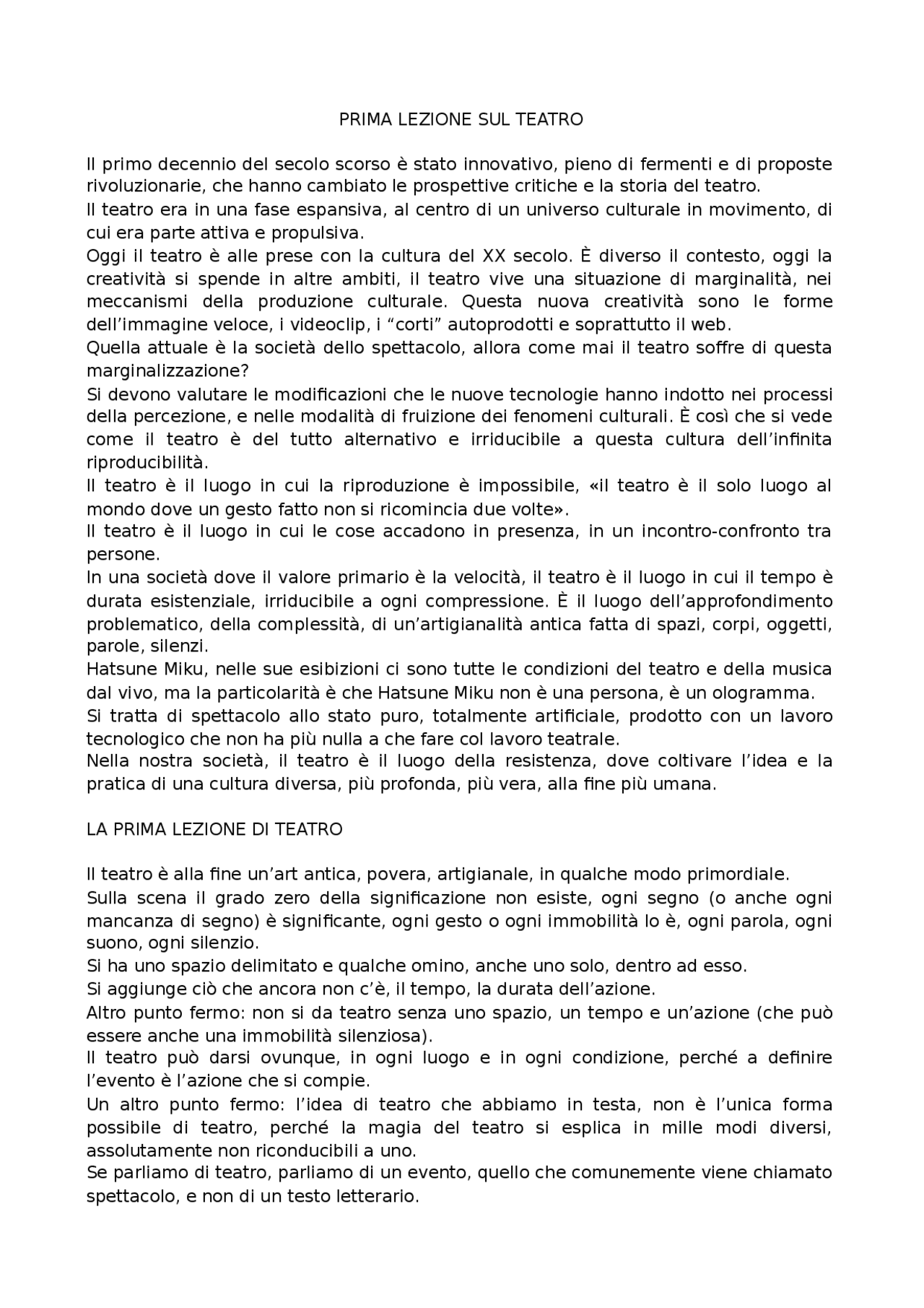 Riassunto Prima Lezione Sul Teatro Di Luigi Allegri Docsity