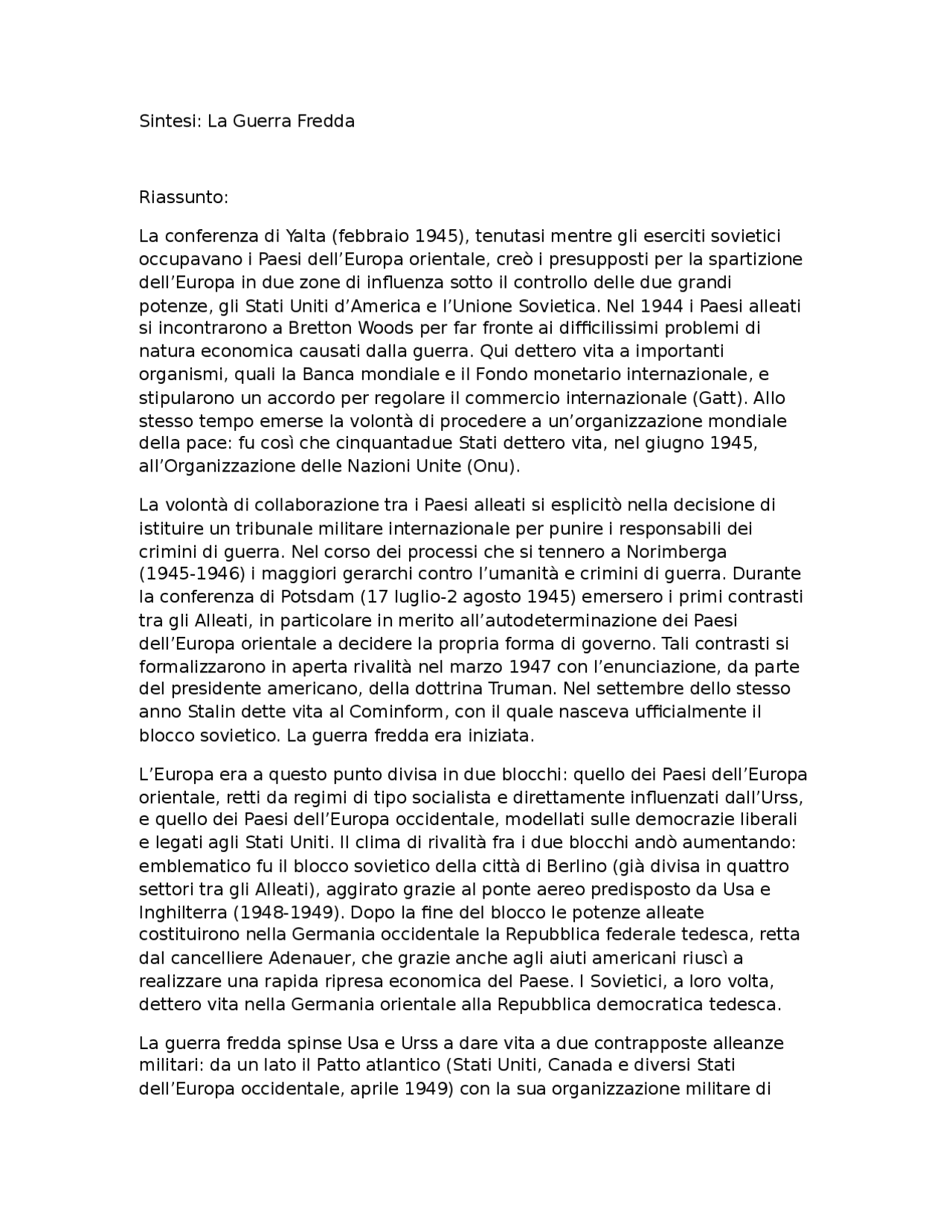 Riassunto La Guerra Fredda Docsity