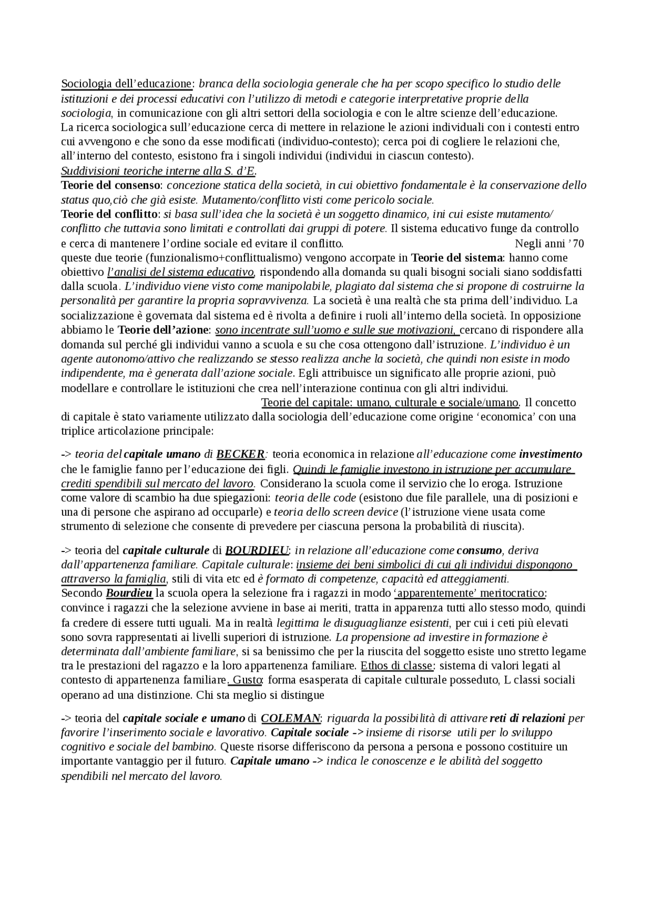 Teorie dei capitali BOURDIEU BECKER e COLEMAN - Docsity