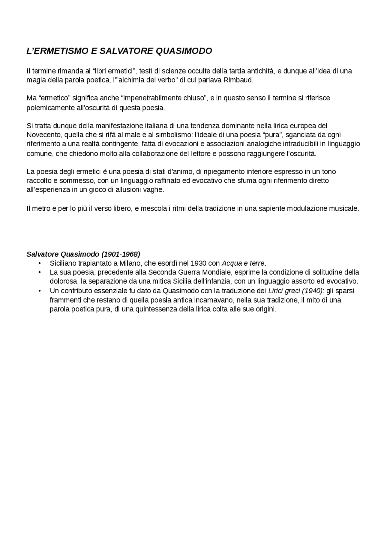 Ermetismo Salvatore Quasimodo Docsity