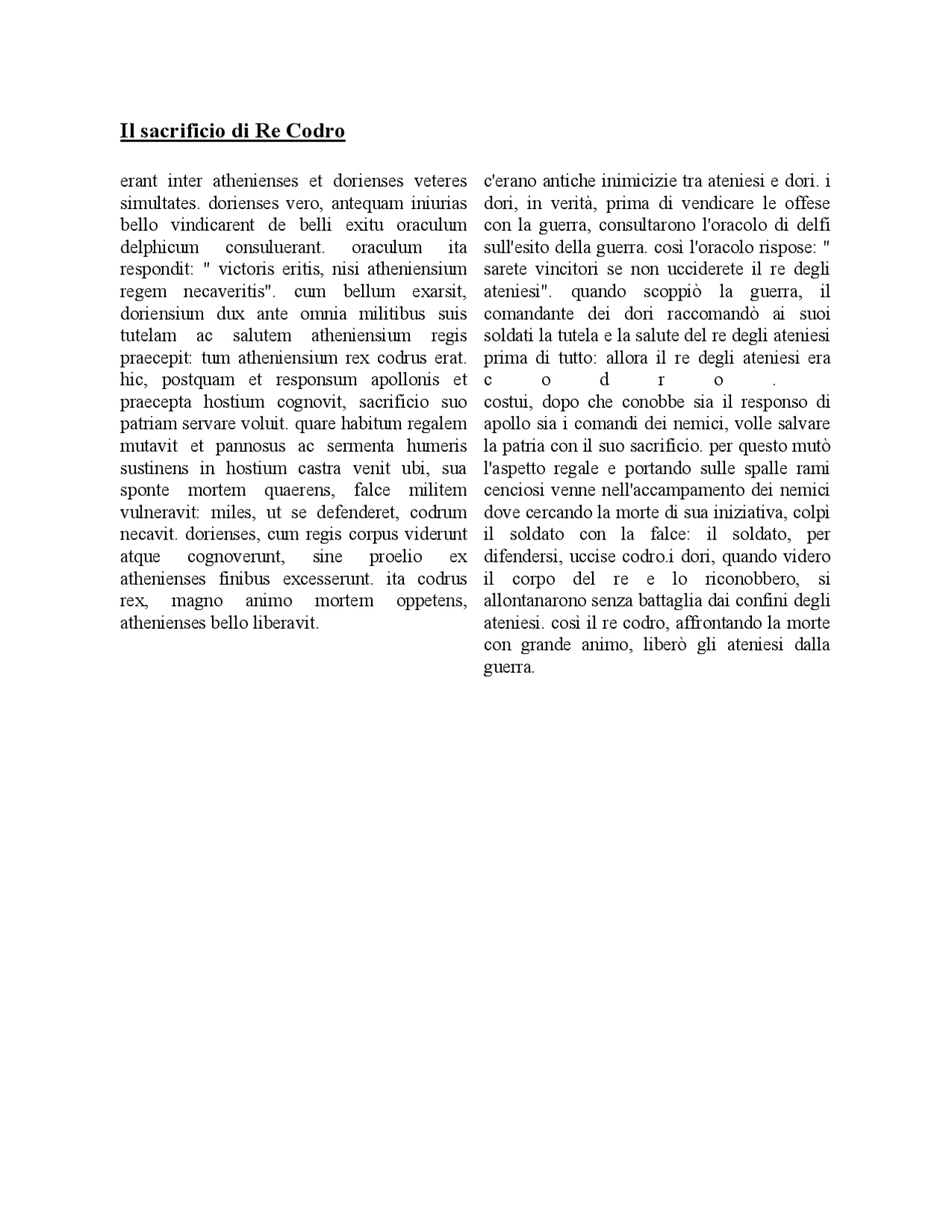 Il Sacrificio Del Re Codro Versioni Di Latino Docsity