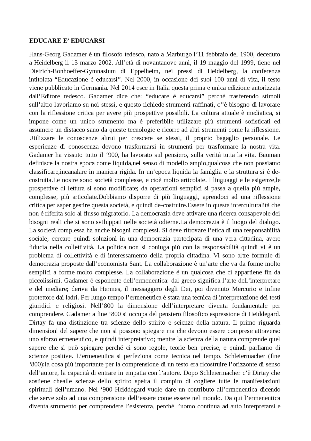 Educare è Educarsi Gadamer Docsity