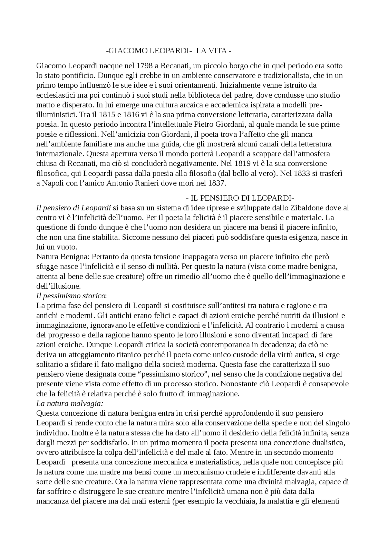 Riassunto Giacomo Leopardi Docsity