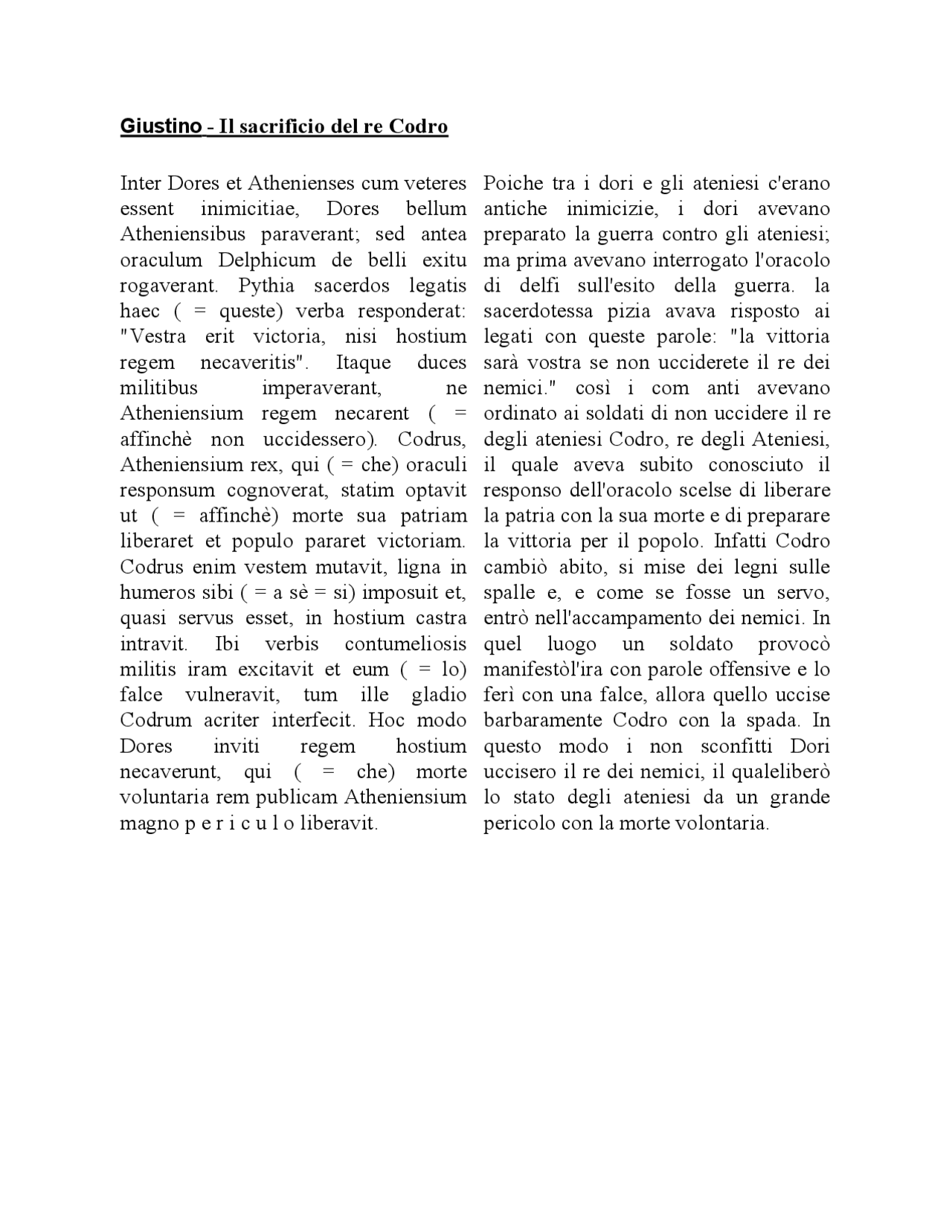 Il Sacrificio Del Re Codro Giustino Versioni Di Latino Docsity