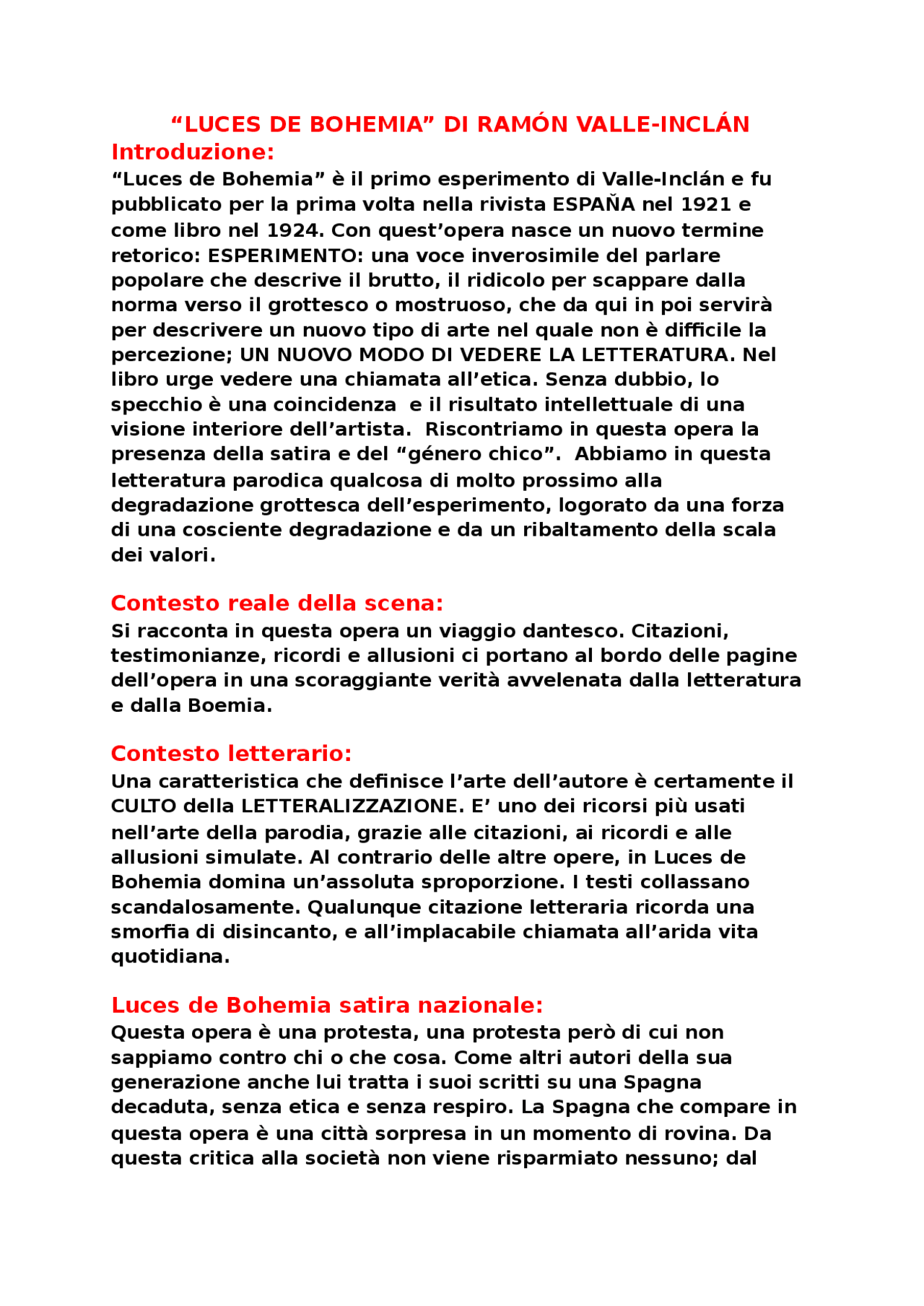 Analisi E Riasunto Luces De Bohemia Docsity