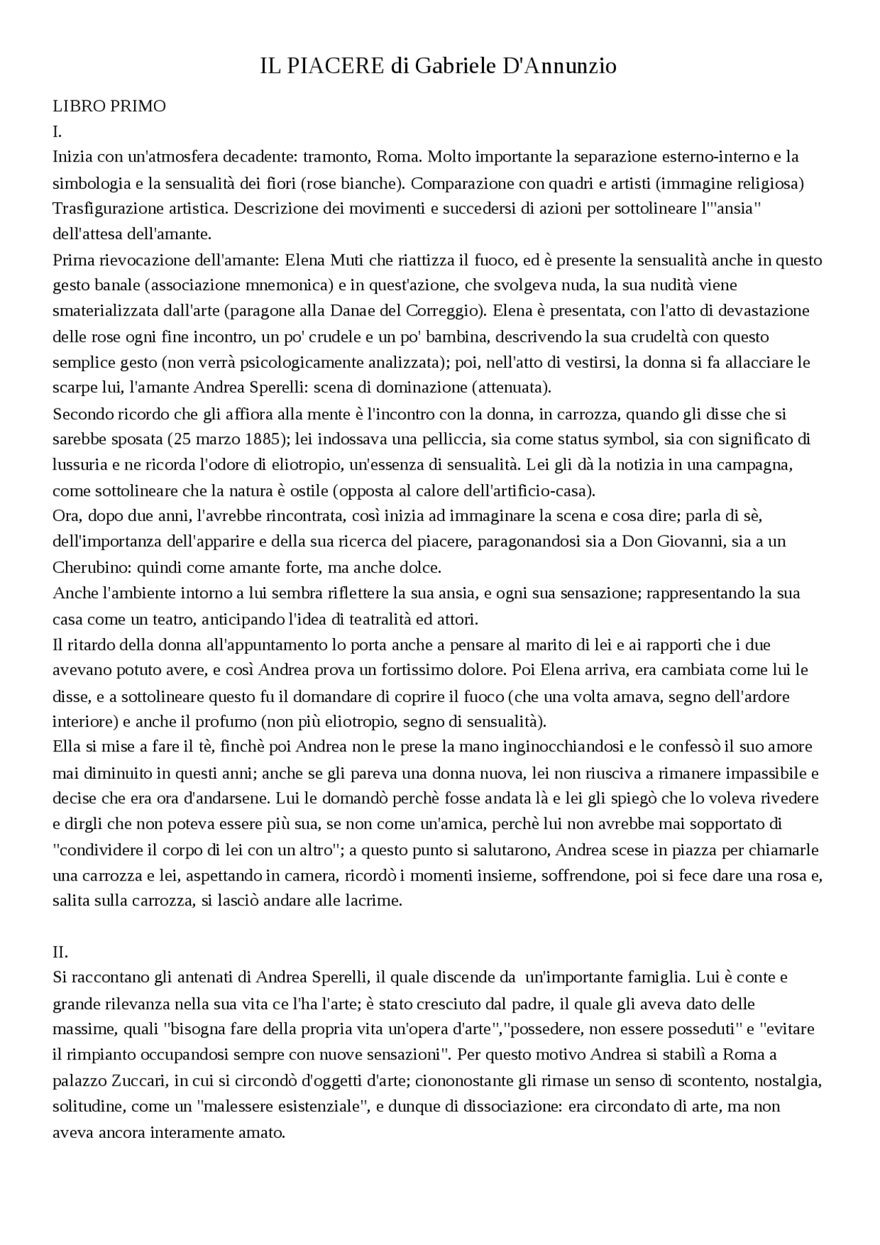 Il Piacere Gabriele Dannunzio Docsity