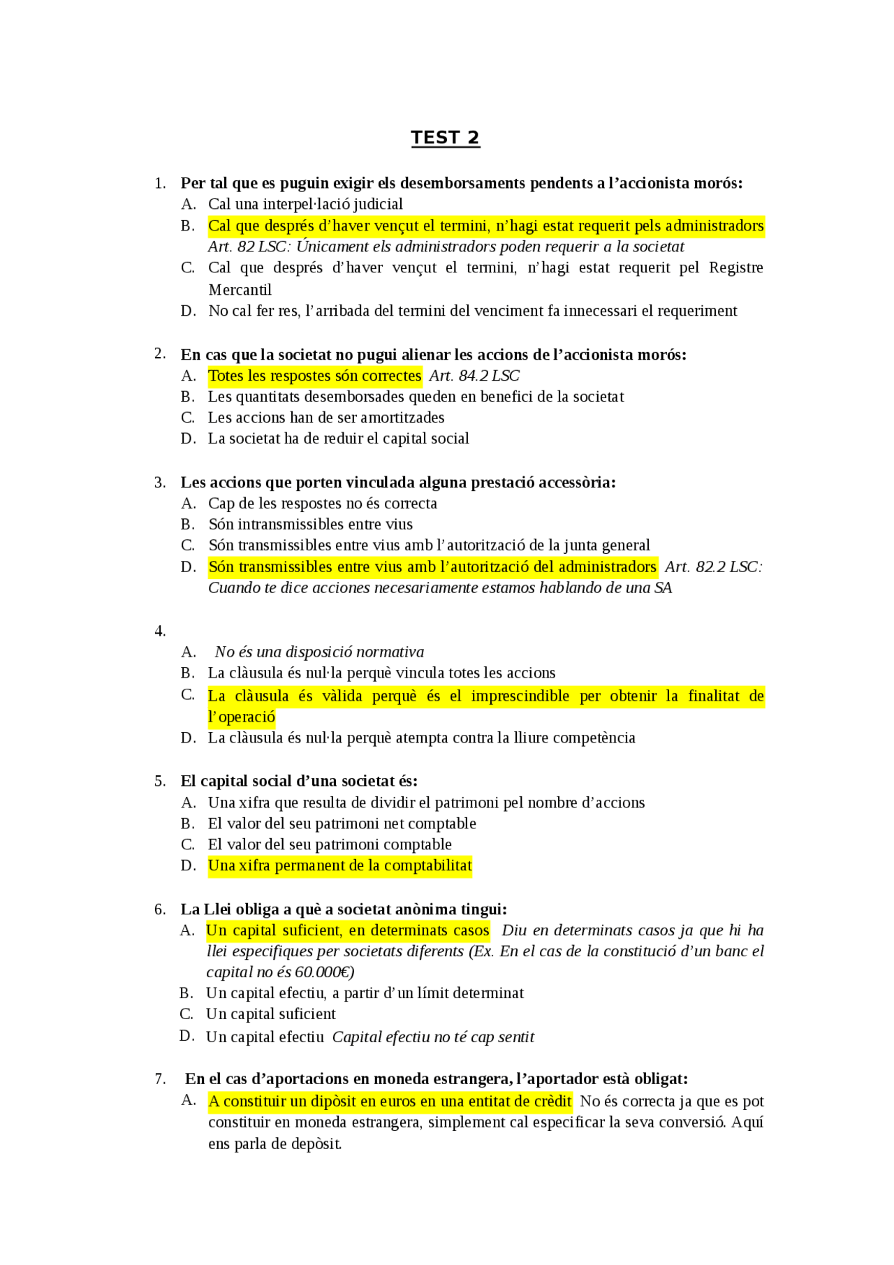 Test Derecho De Sociedades Docsity