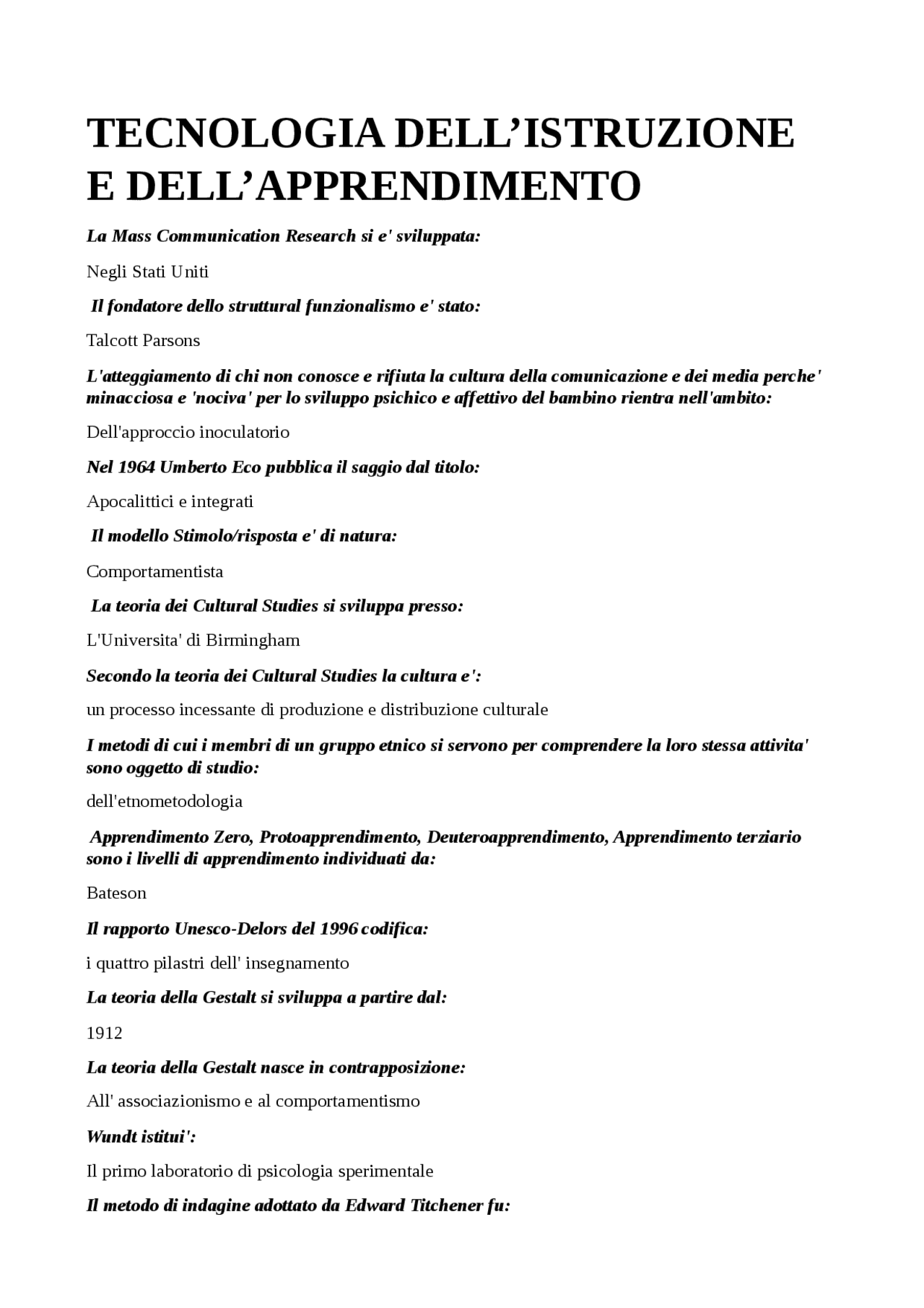 Domande Tecnologia Dellistruzione E Dellapprendimento Docsity