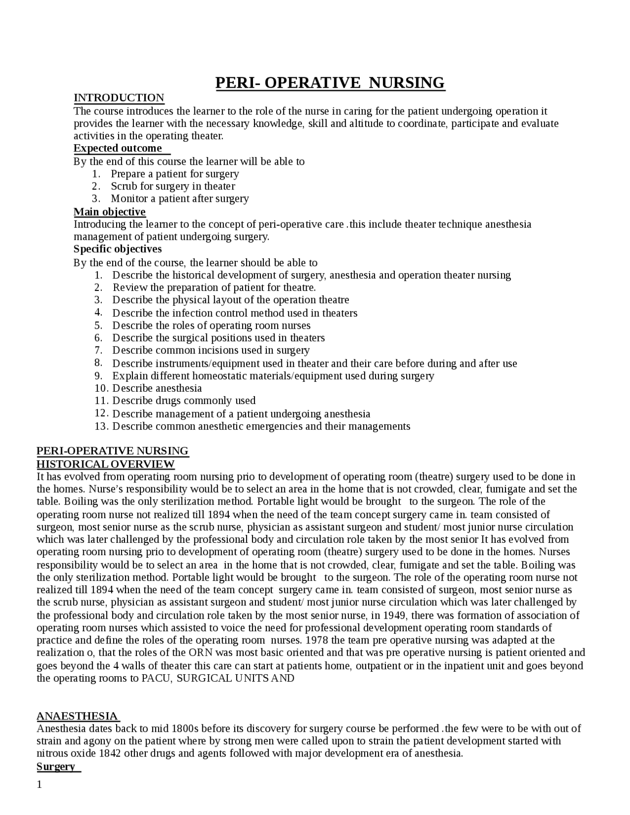 Peri-operative Nursing - Docsity