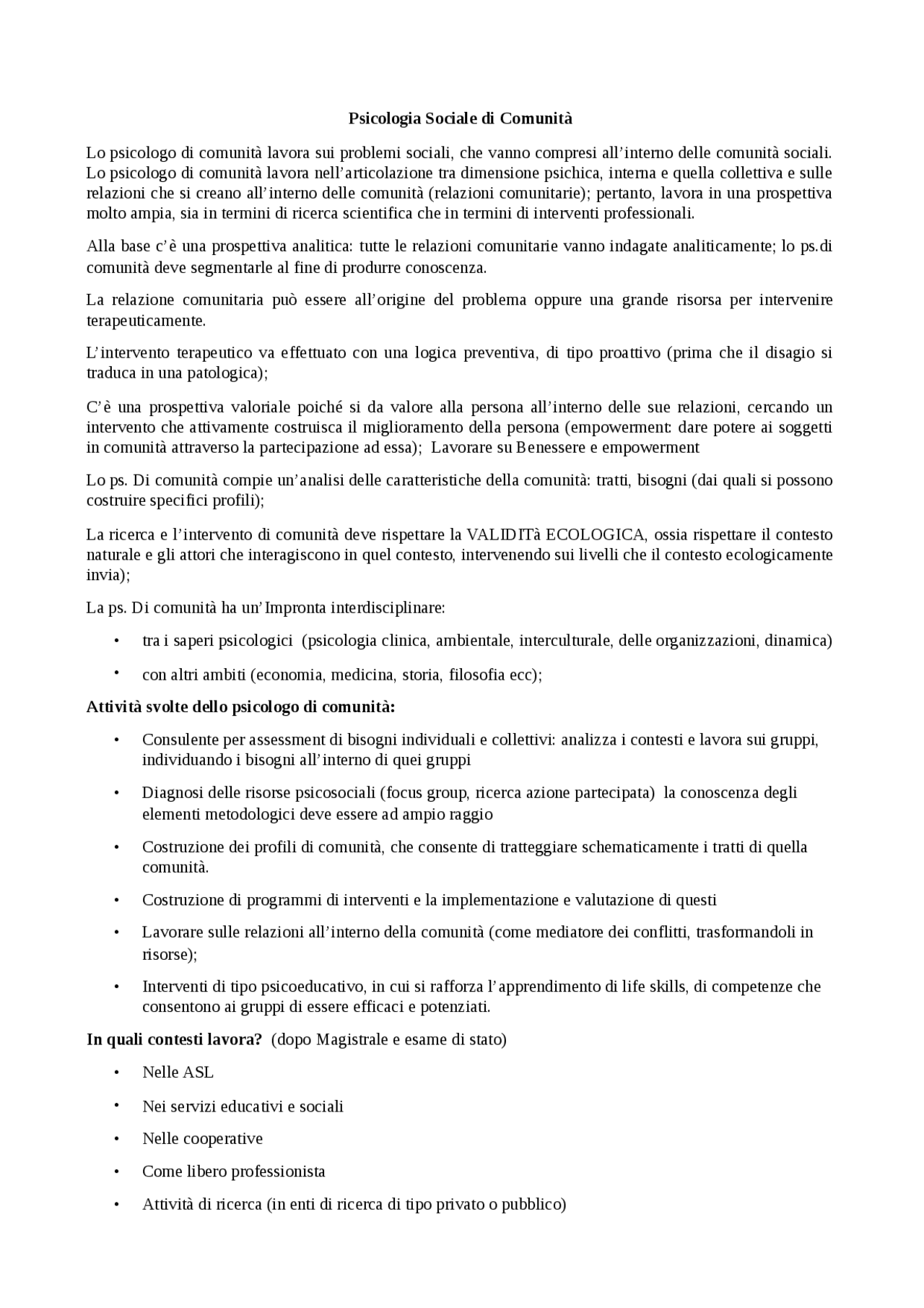 Appunti Psicologia Di Comunità Docsity