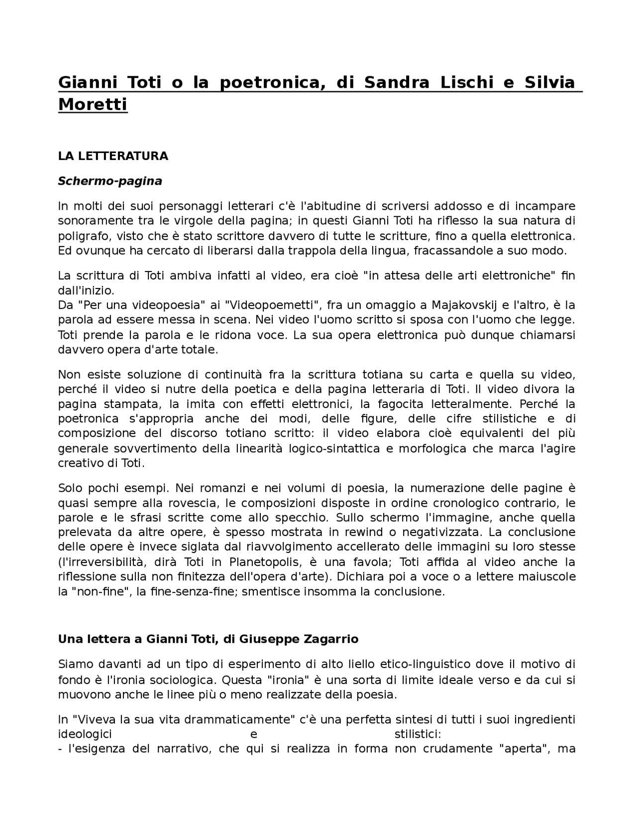Riassunto Gianni Toti O La Poetronica Docsity