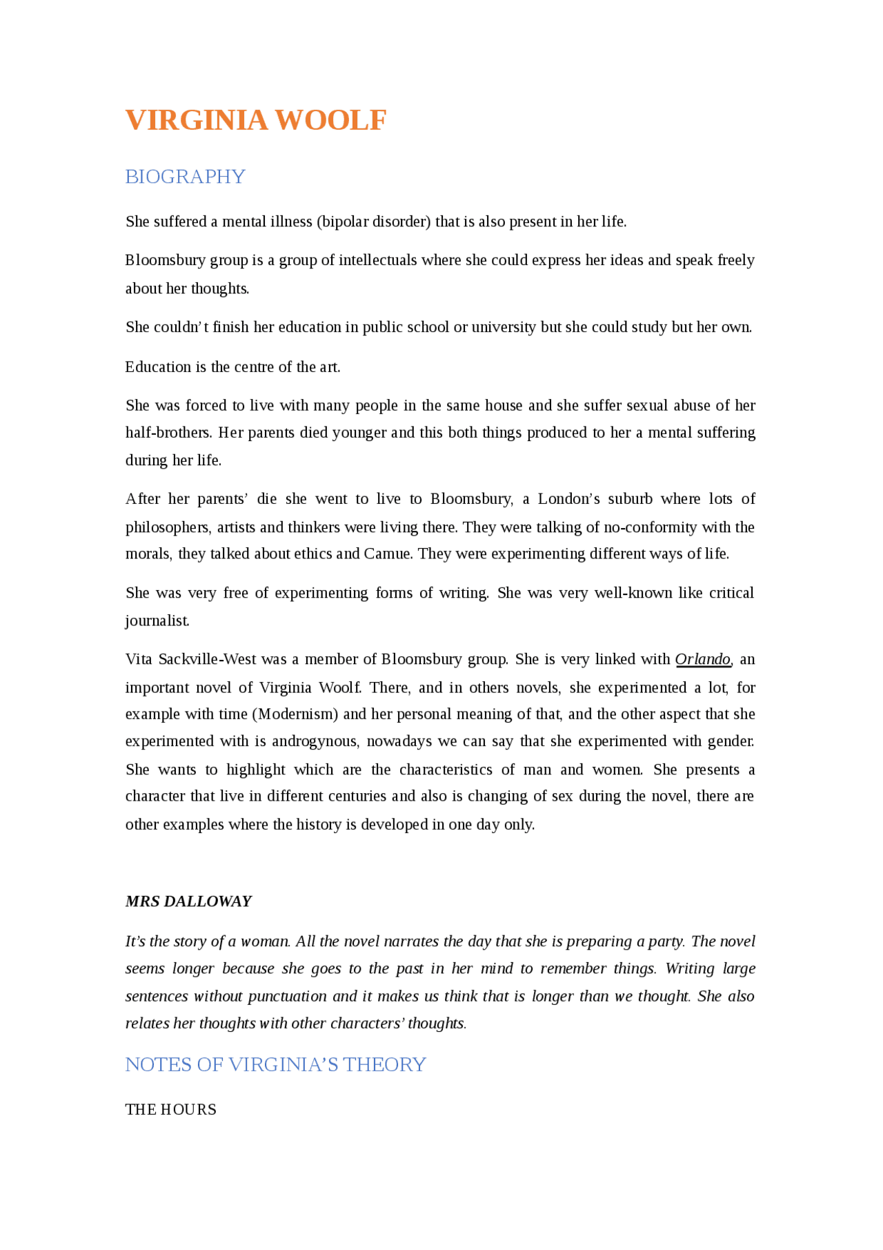 VIRGINIA WOOLF - Biography, works and theory - Docsity