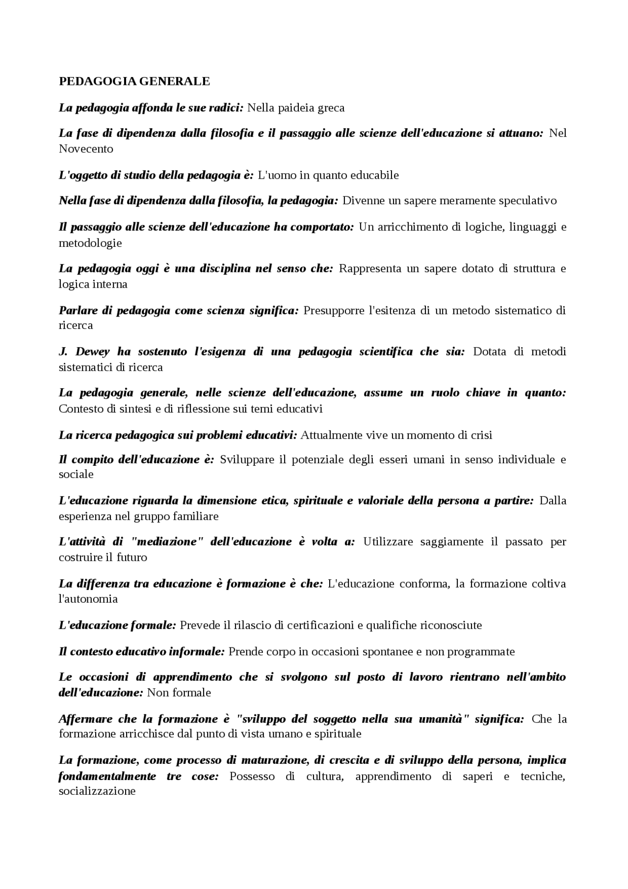 Test Pedagogia Generale Docsity