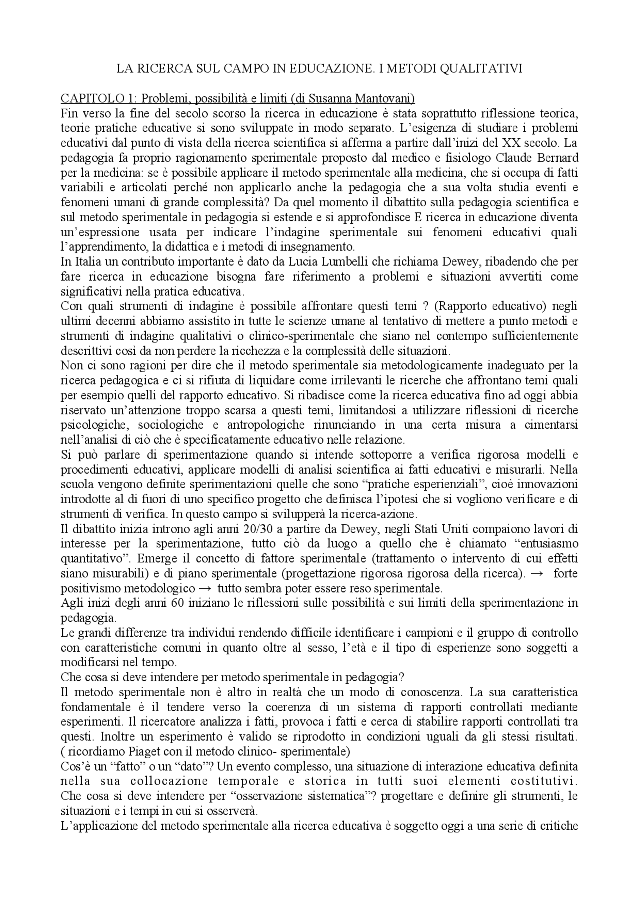 La Ricerca Sul Campo I Metodi Qualitativi S Mantovani Docsity