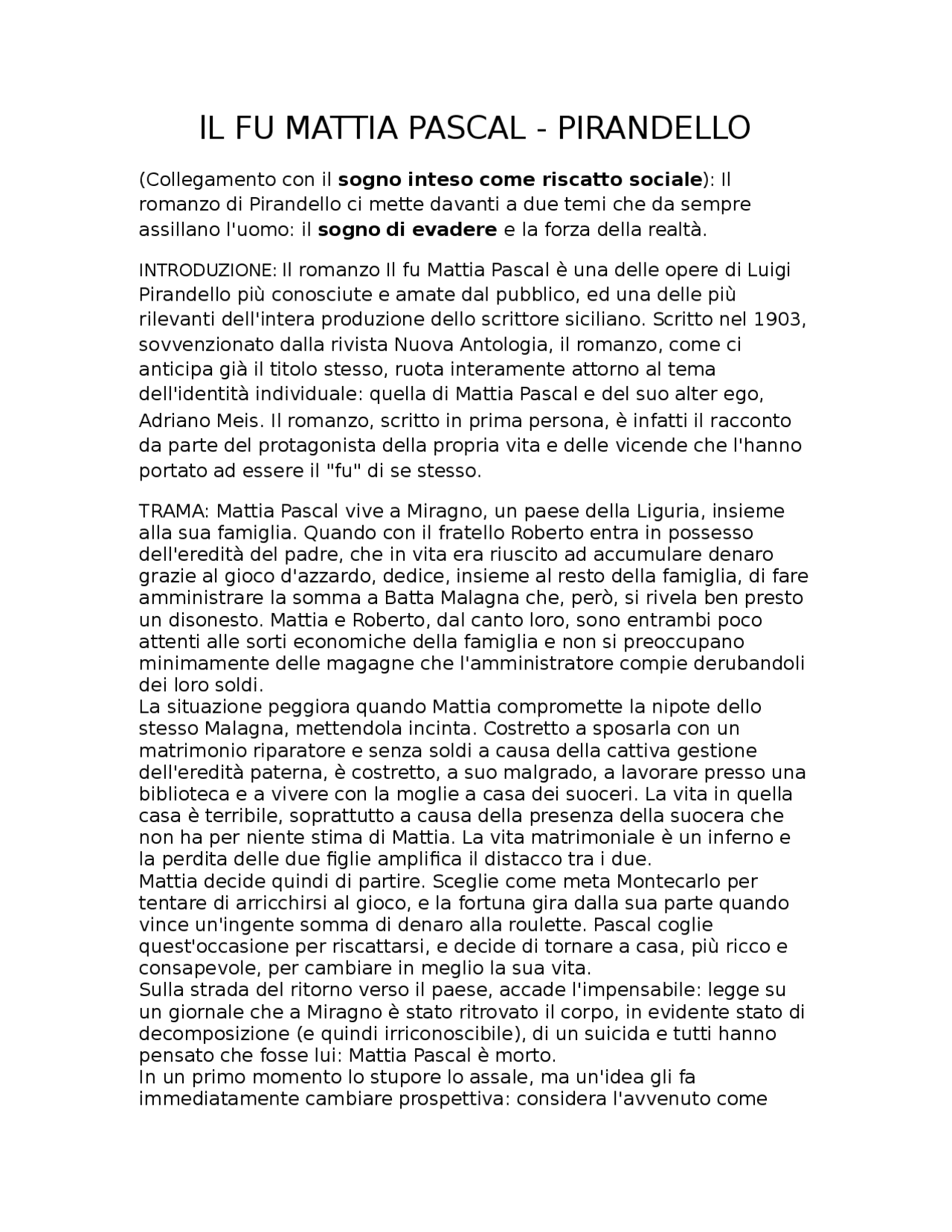Il Fu Mattia Pascal Pirandello Docsity