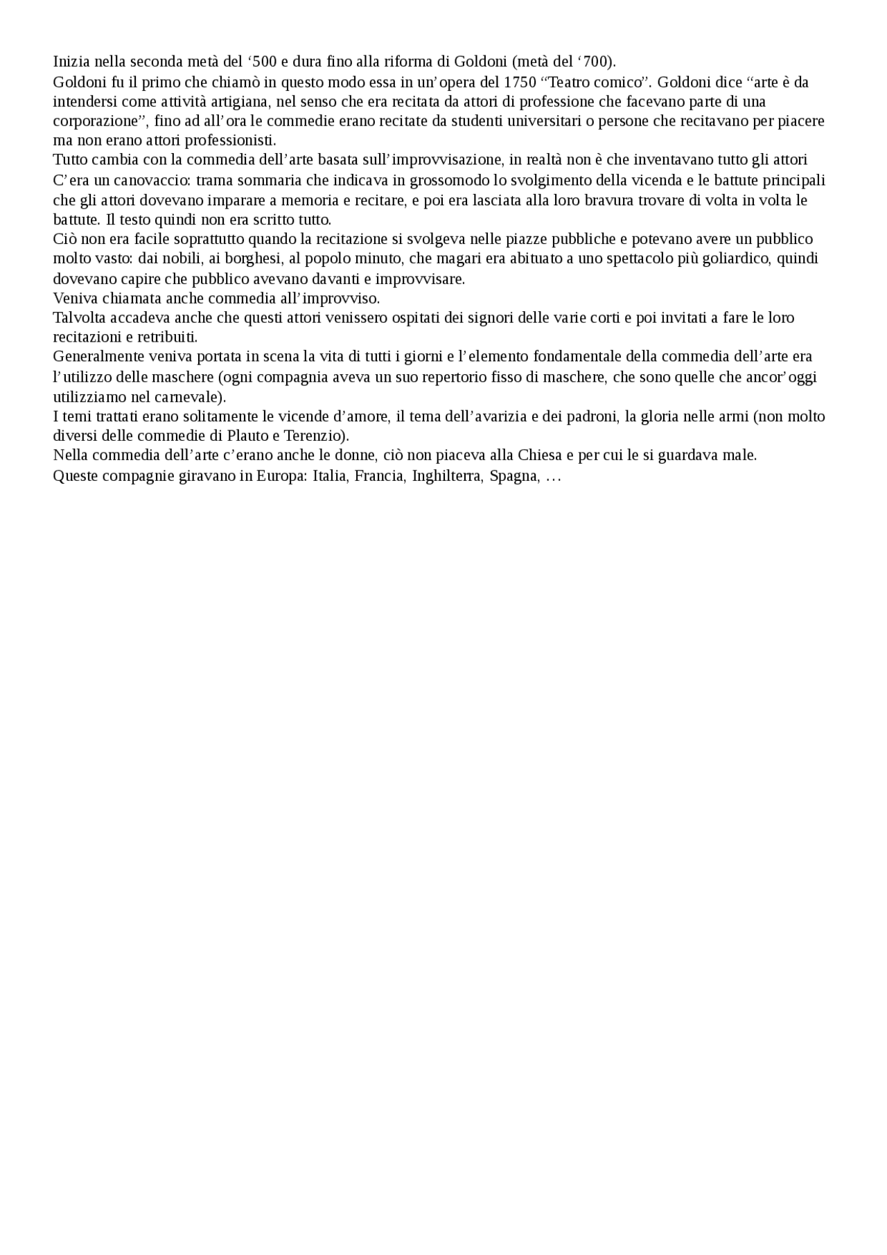 Riassunto Dettagliato Sulla Commedia Dellarte Docsity